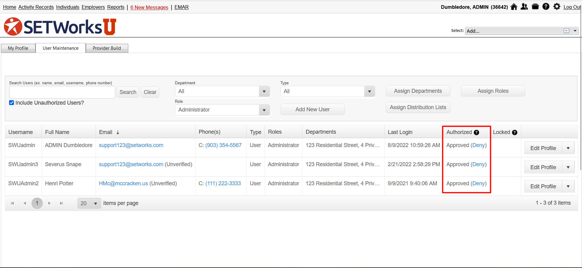 User Maintenance and Status